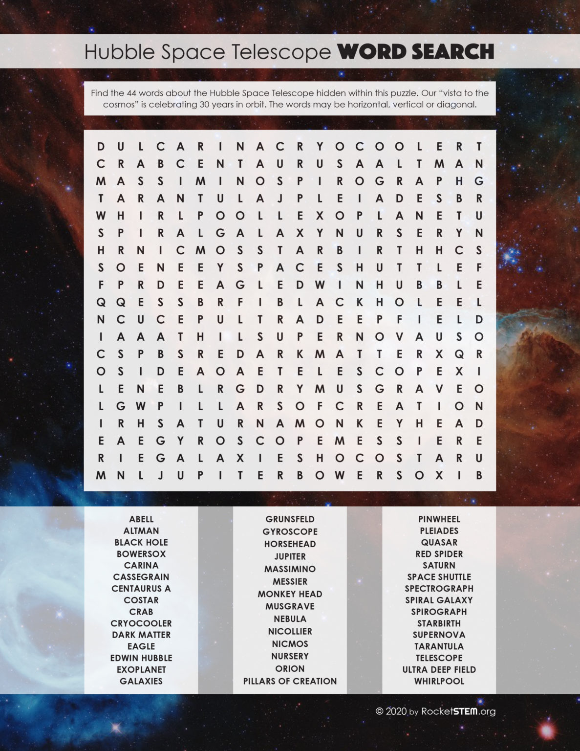 Hubble Space Telescope Word Search - RocketSTEM