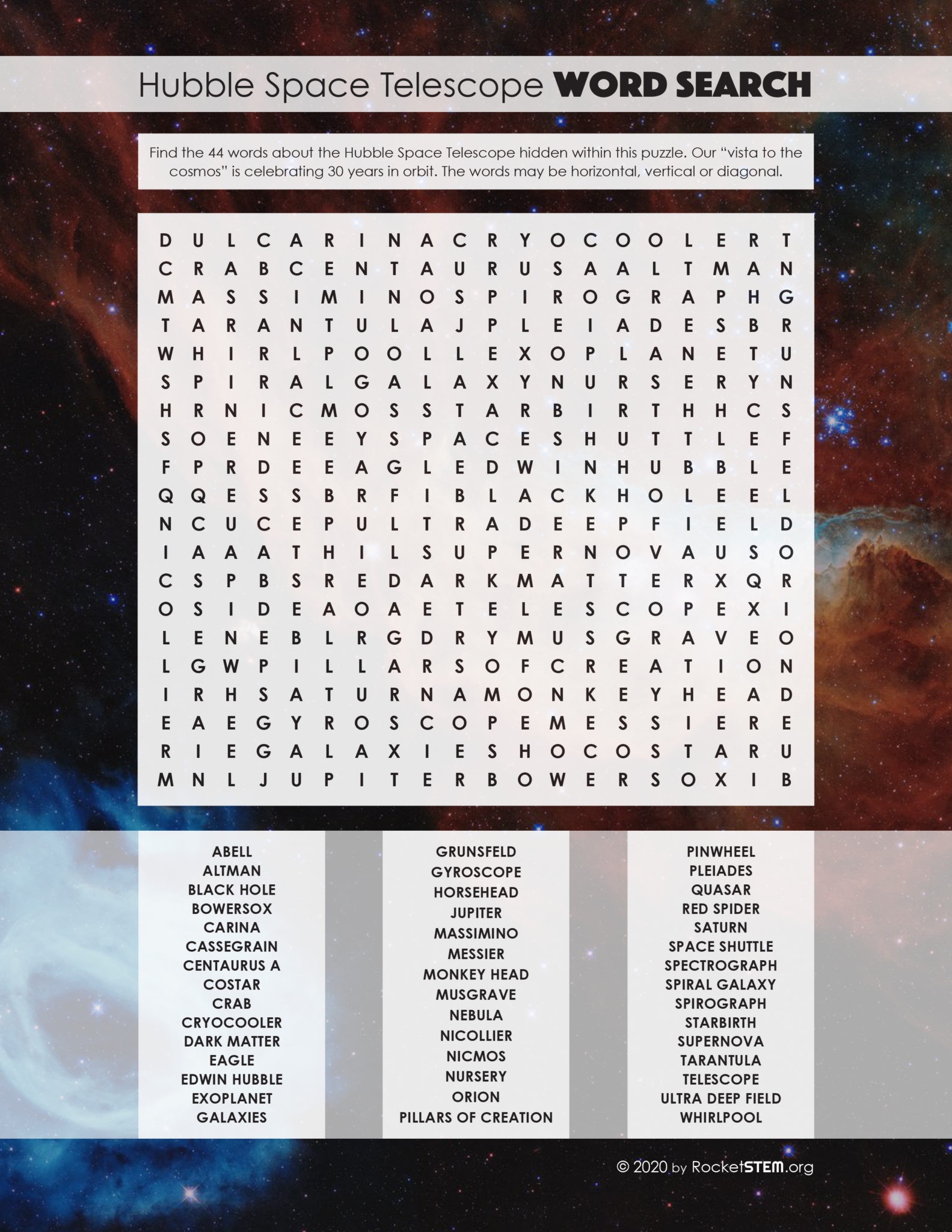 Hubble Space Telescope Word Search - RocketSTEM